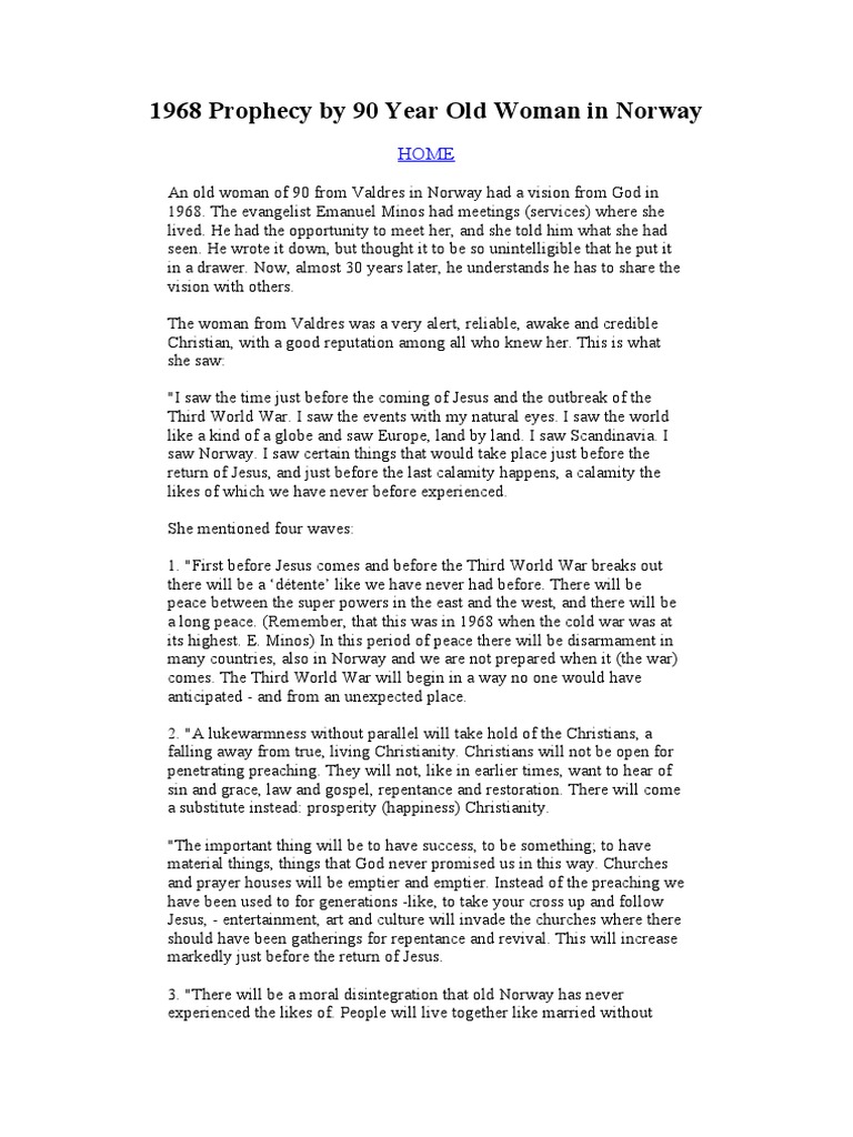 1968 Prophecy by 90 Year Old Woman in Norway | PDF | Jesus | Prayer