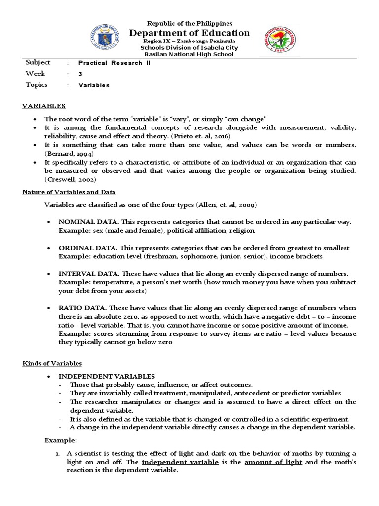 Practical Research Variables | PDF | Level Of Measurement | Experiment