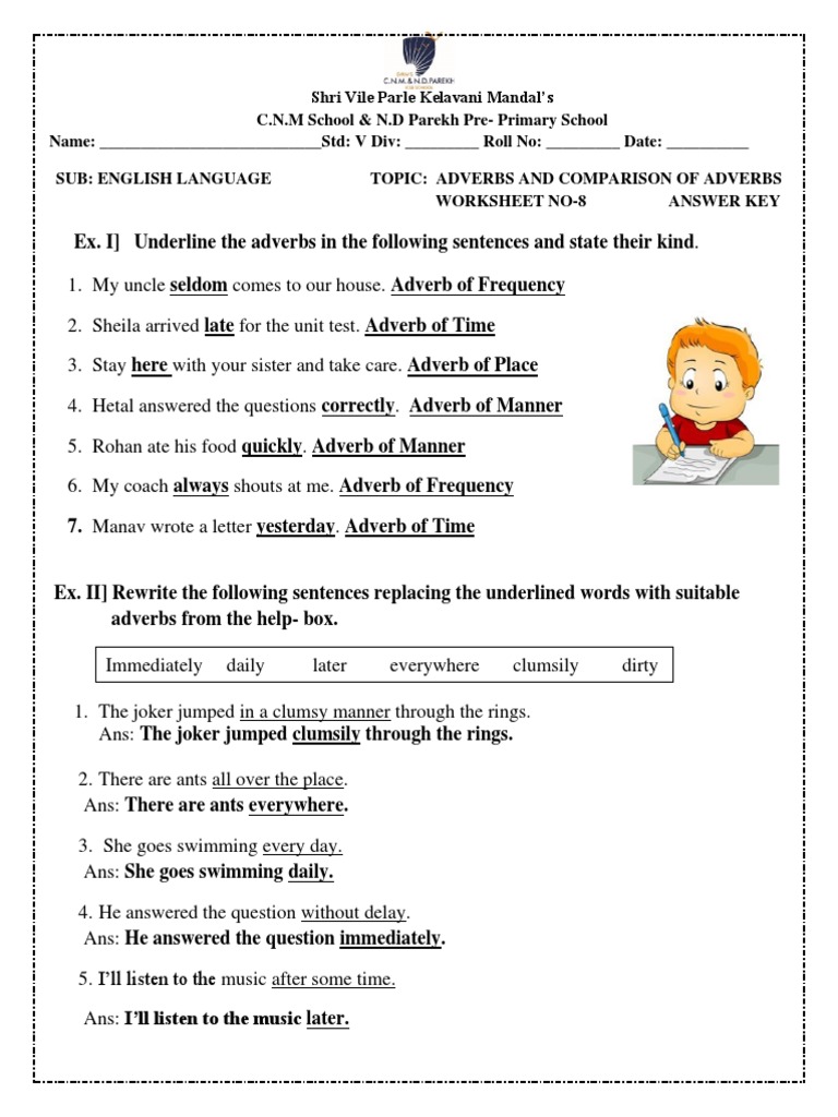 STD 5 - ADVERBS WORKSHEET - Answer Key | PDF | Adverb | Semantics