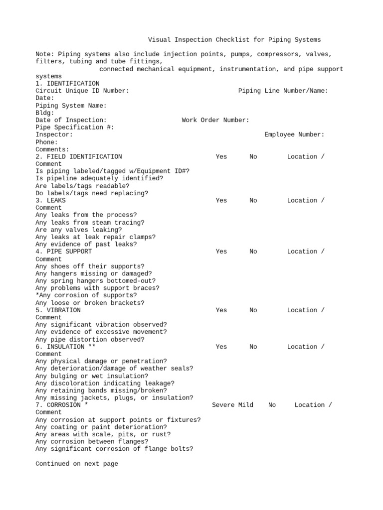 Piping Systems Visual Inspection Checklist | PDF | Leak | Pipe (Fluid ...