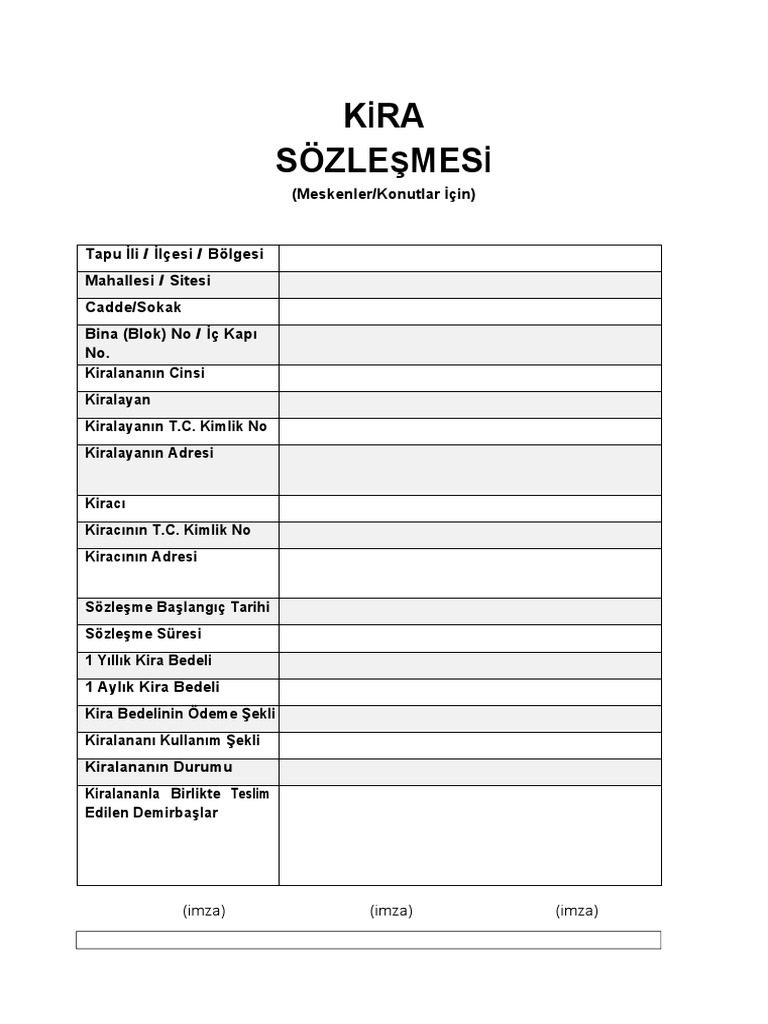 Kira Sozlesmesi Ornegi Ev Icin Indir | PDF