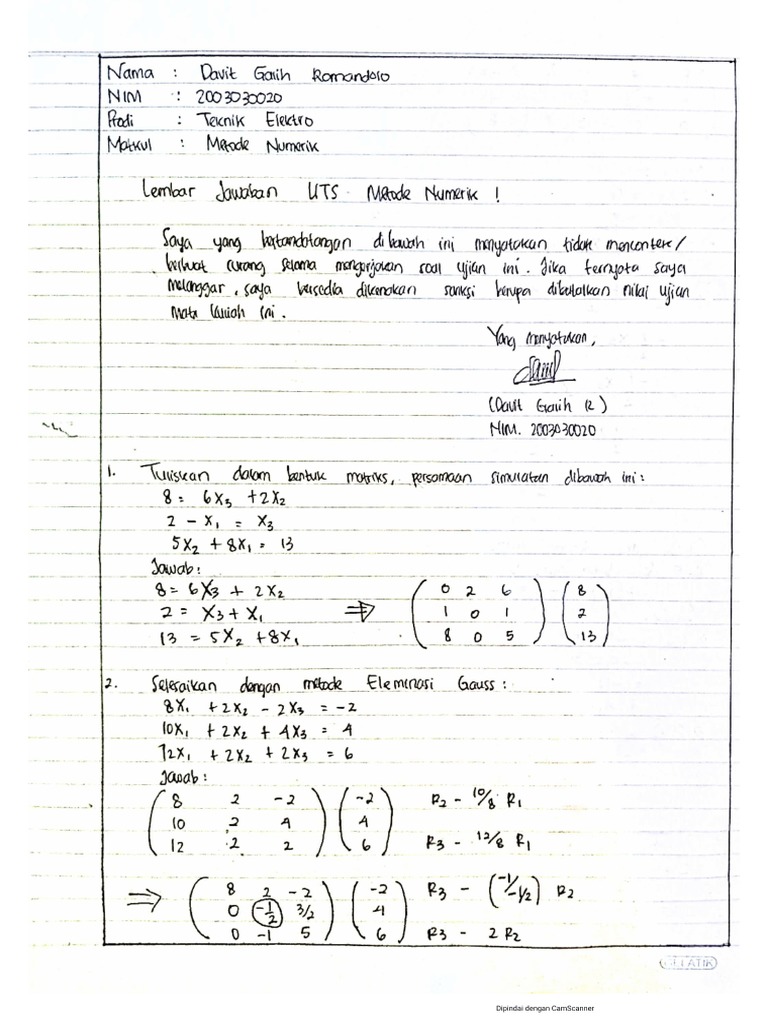 Uts Metode Numerik Davit Galih Romandolo 2003030020 Teknik Elektro Pdf