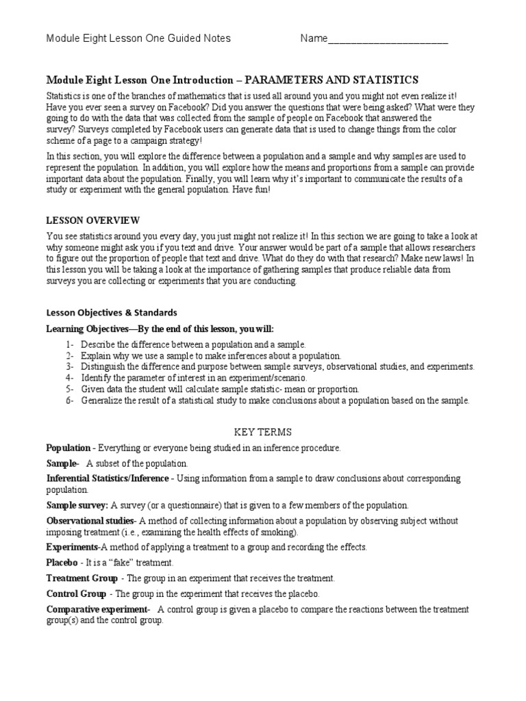 Module Eight Lesson One Notes Guided Notes | PDF | Sampling (Statistics ...