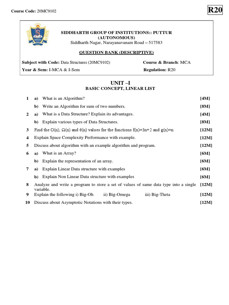 20mc9102 Ds Question Bank Pdf Algorithms And Data Structures Computer Programming 