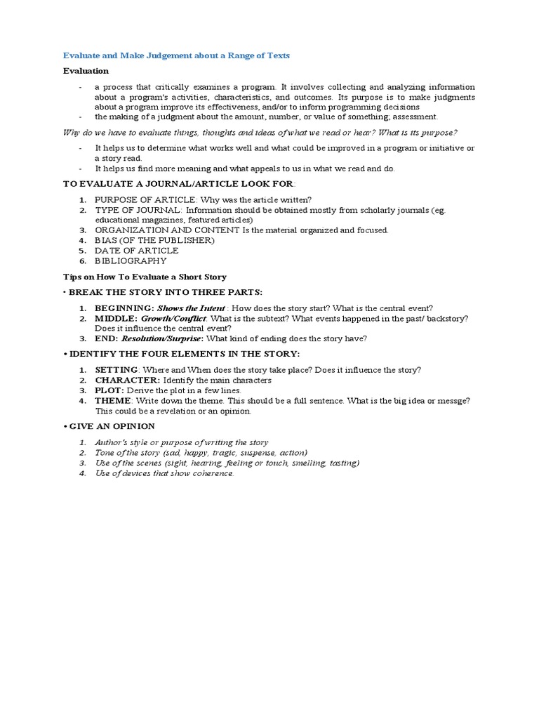 Evaluating Texts: Judgments and Criteria | PDF | Career & Growth | Self ...