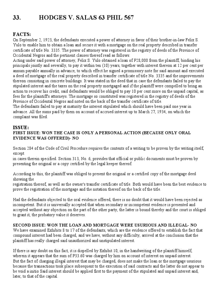 Hodges v. Salas 63 Phil 567 | PDF | Law Of Agency | Interest