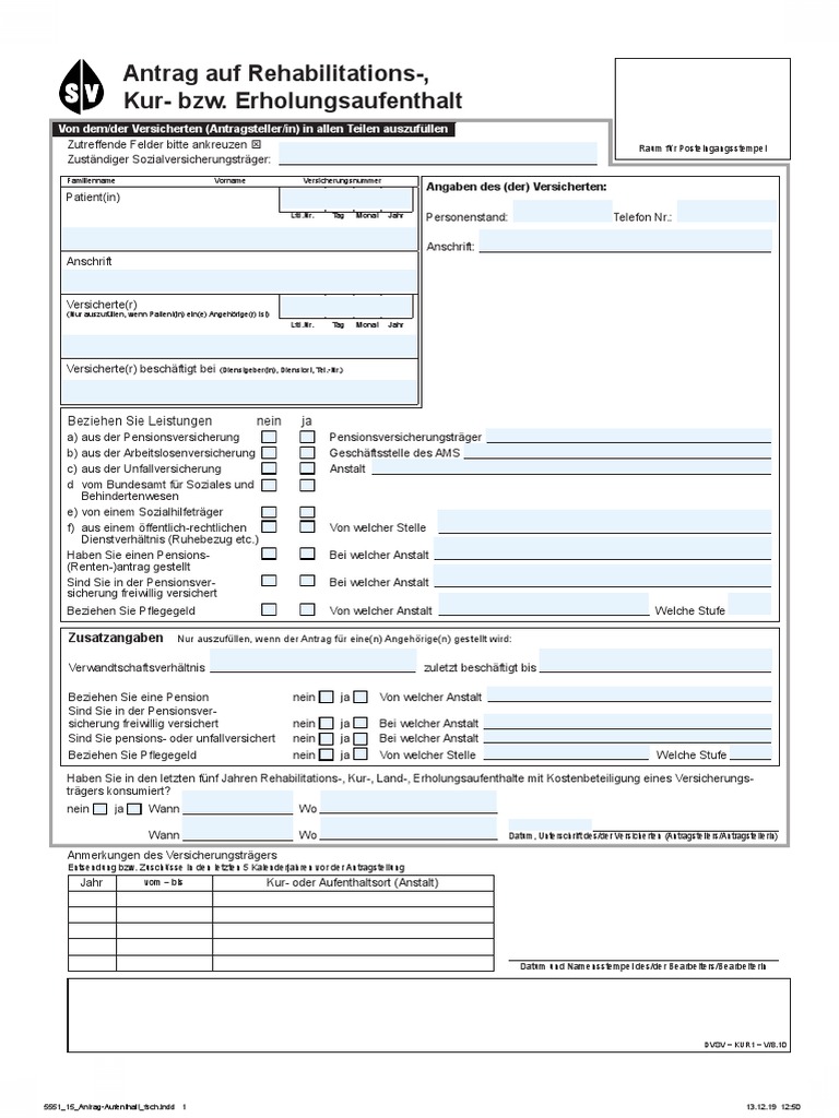 Antrag Auf Rehabilitations Kur BZW Erholungsaufenthalt Bad Erlach | PDF