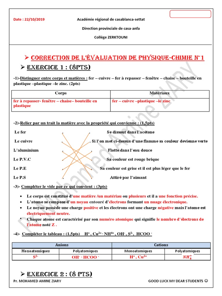 Correction - Controle 1 S1 3APIC Mod4 (WWW - Pc1.ma) | PDF | Atomes | Polyéthylène