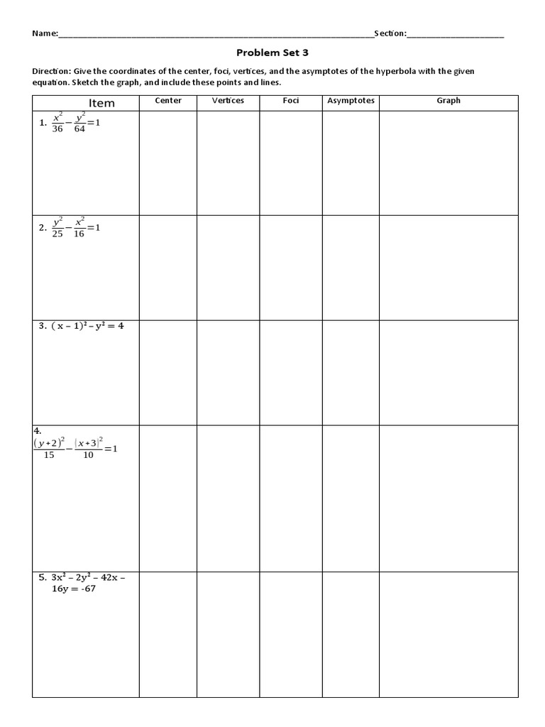 Hyperbola WOrksheet | PDF