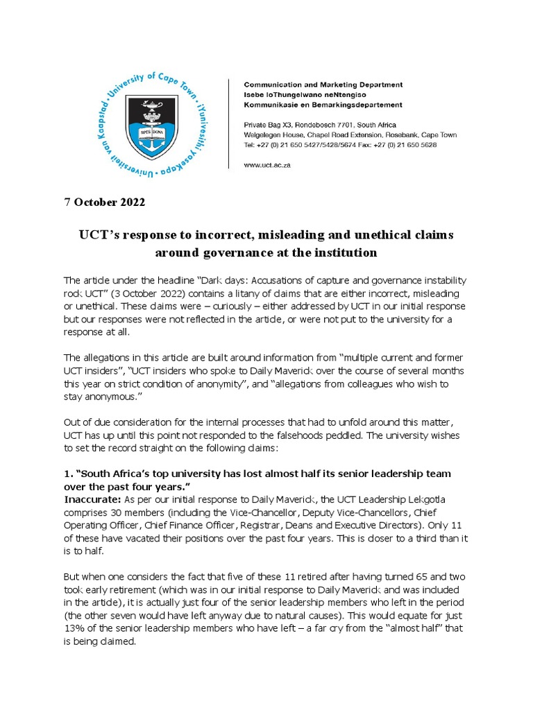 UCT Responds to Inaccurate and Misleading Claims Regarding Governance ...