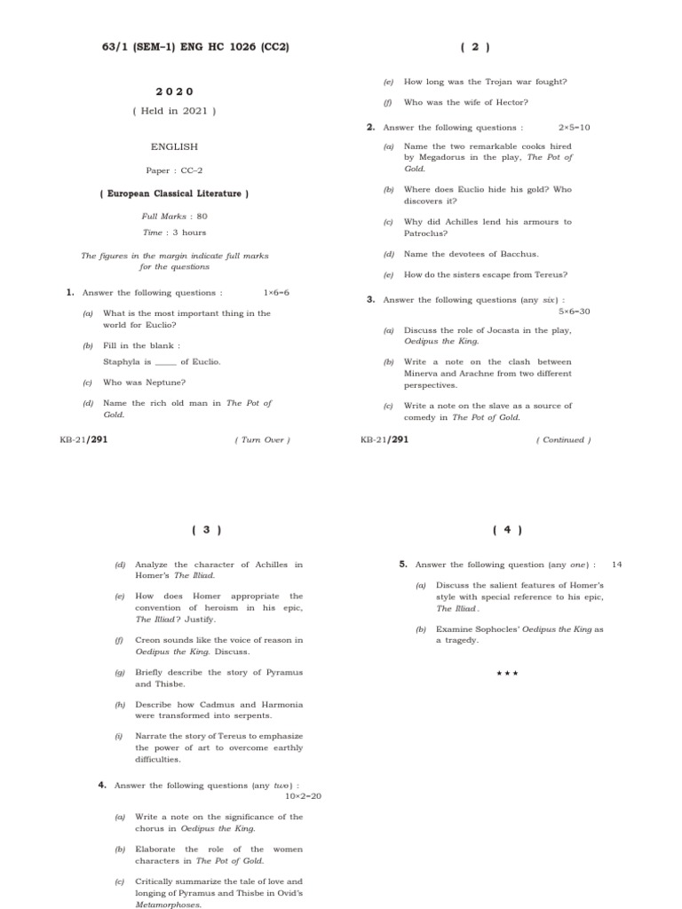 European Classical Literature Question Paper | PDF | Greek Mythology