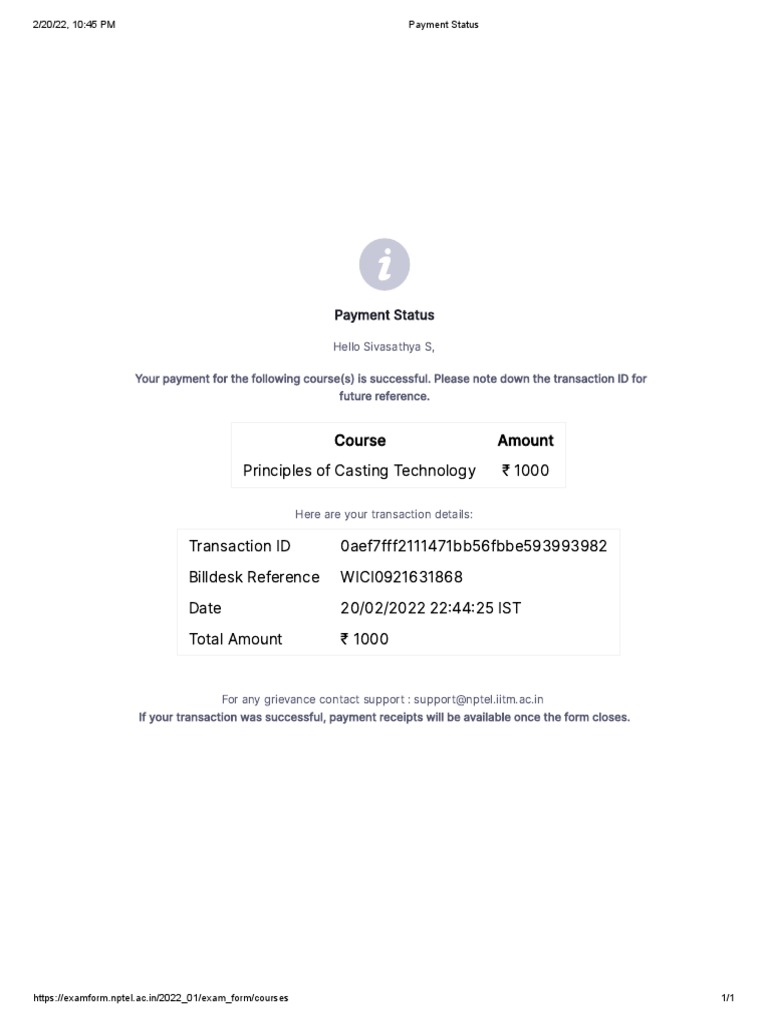 Successful Payment Confirmation for Course | PDF