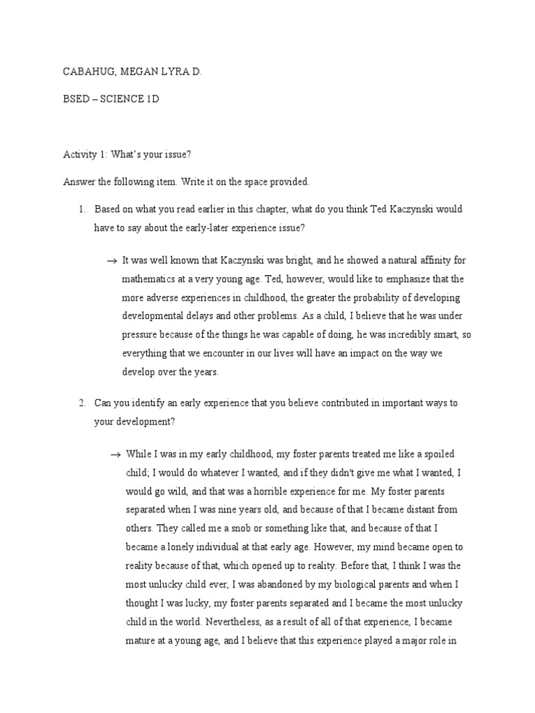 Cabahug, Megan (Activity 1) | PDF | Experience | Cognition