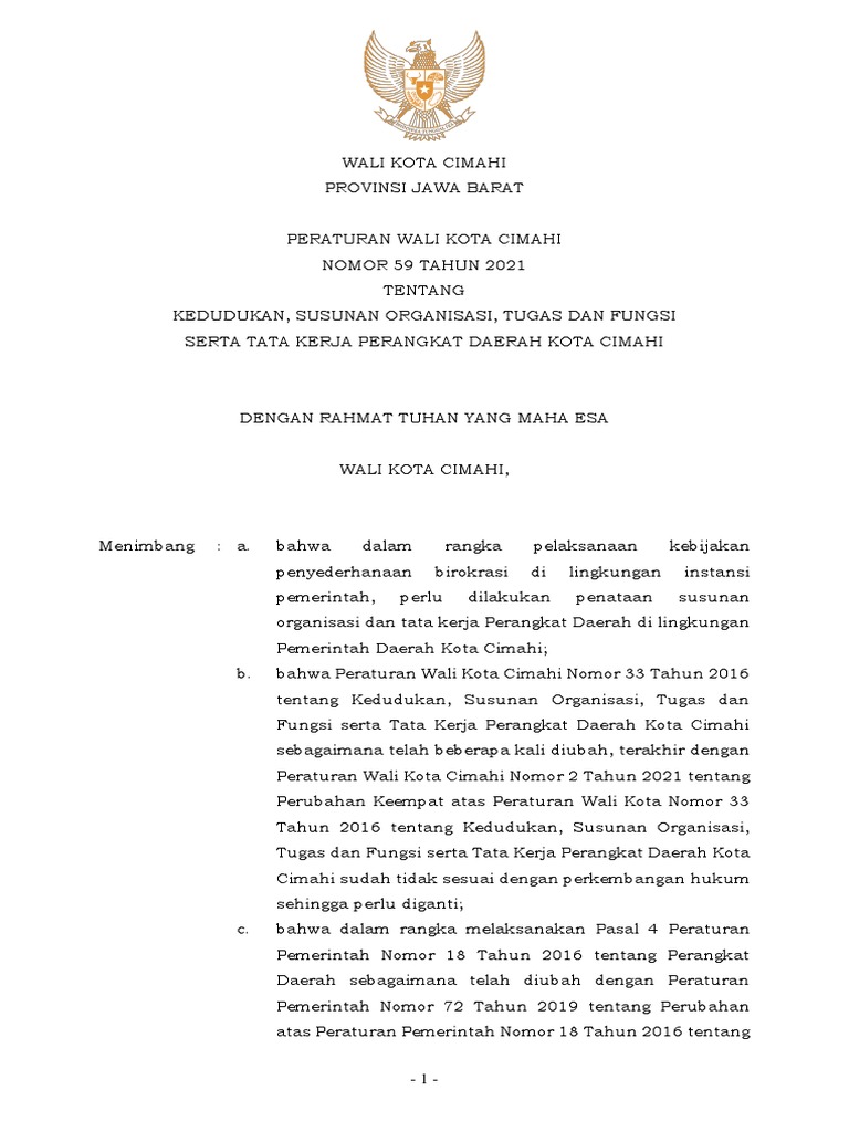 BD Perwal 59 Tahun 2021 Sotk Cimahi PB 2022 | PDF