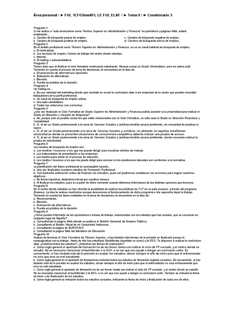 Cuestionario 3 Tema 9 Fol | PDF | Toma de decisiones | Desarrollo profesional