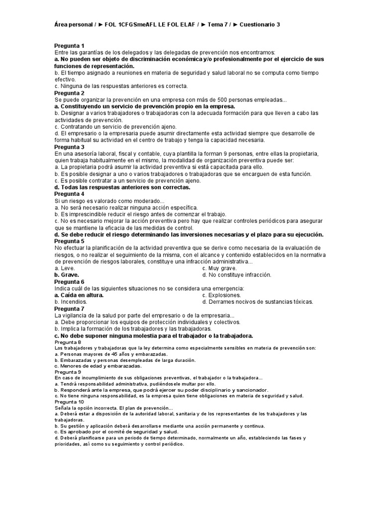 Cuestionario 3 Tema 7 Fol | PDF | Derecho laboral | Seguridad y salud ocupacional