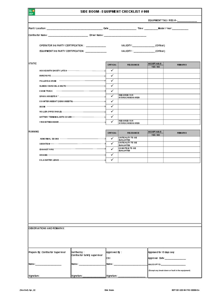 Side Boom Equipment Inspection Checklist | PDF | Manufactured Goods ...