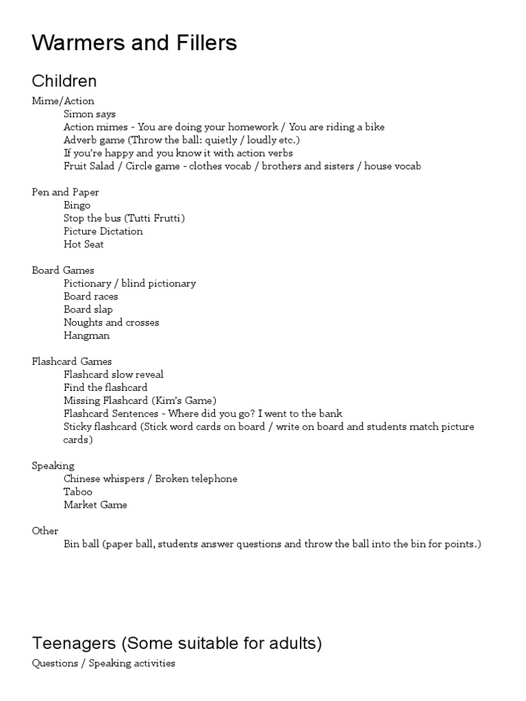 Games, Warmers and Fillers | PDF | Linguistics | Grammar