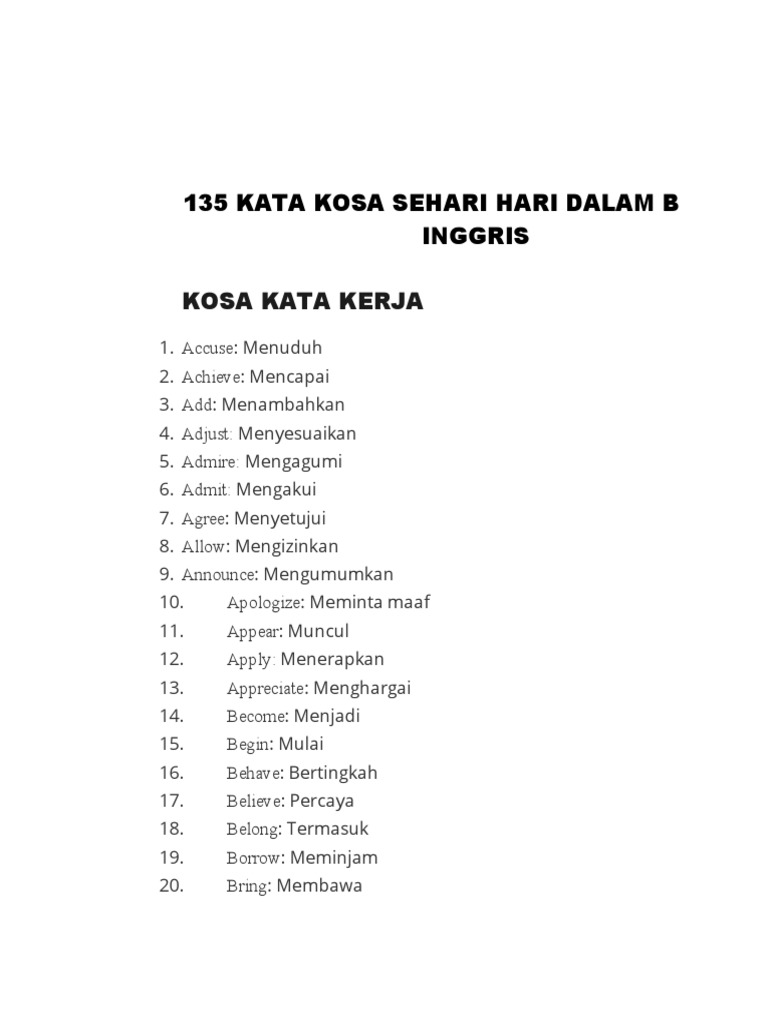 135 Kosa Kata Sehari Hari Dalam Bahasa Inggris | PDF