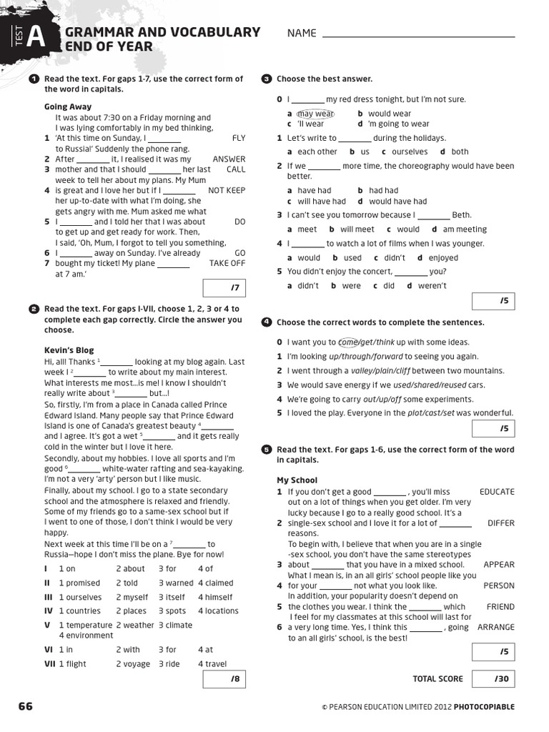 Test A End of Year Grammar and Vocabulary | PDF