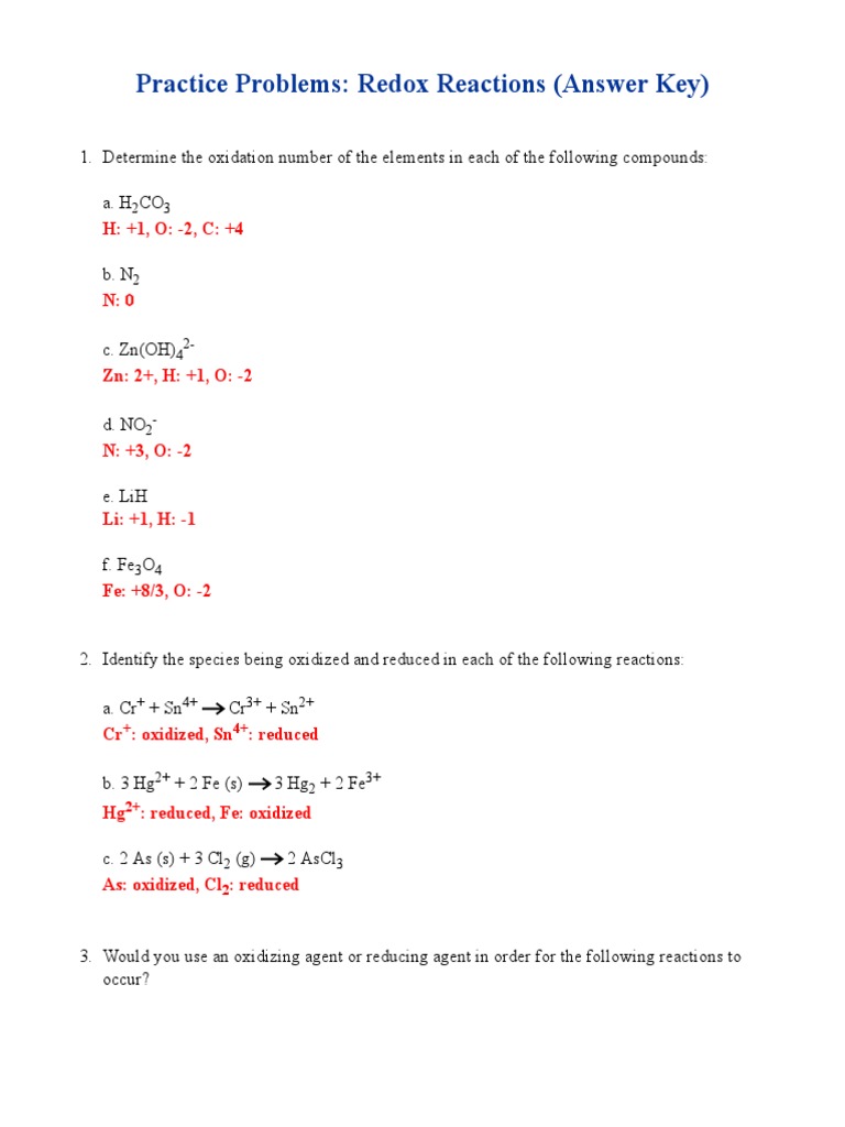 Redox Reactions Practice Key | PDF | Redox | Chemical Reactions