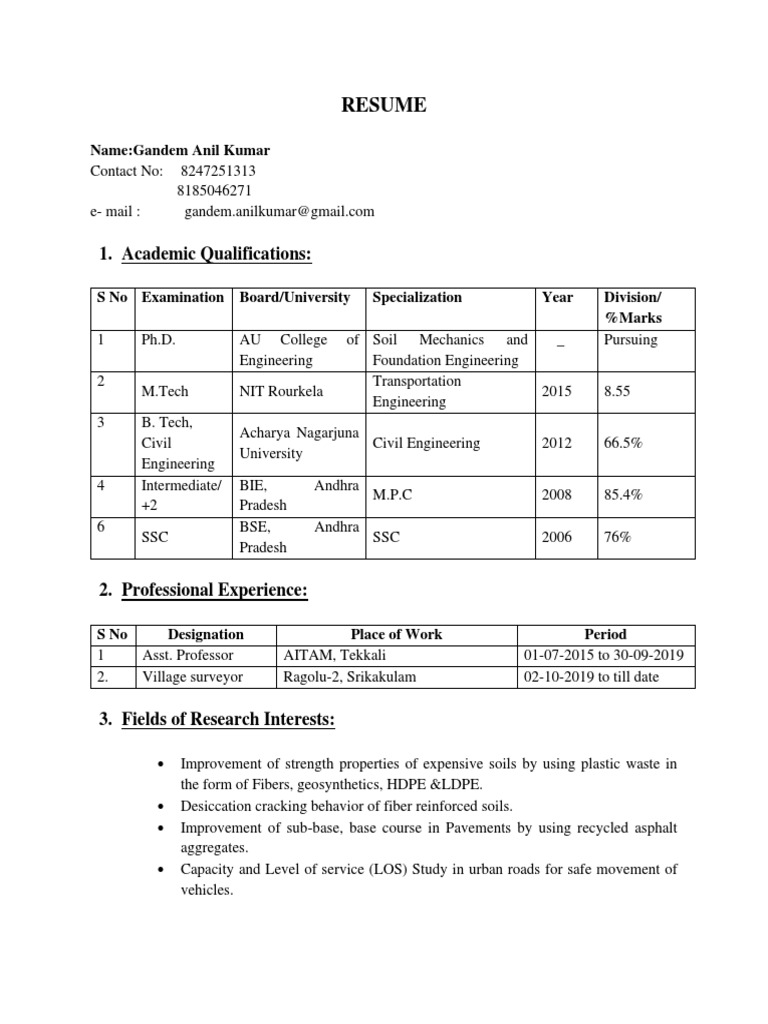 G Anil Kumar Resume | PDF | Geotechnical Engineering | Road Surface