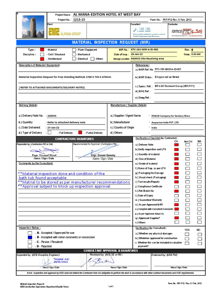 Material Inspection Request Form | PDF | General Contractor | Architect