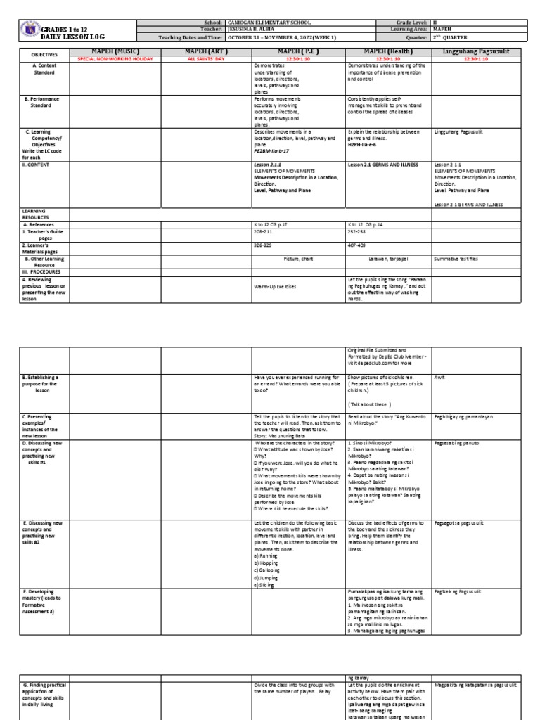2ND Week 1 DLL Mapeh | PDF | Teachers | Learning