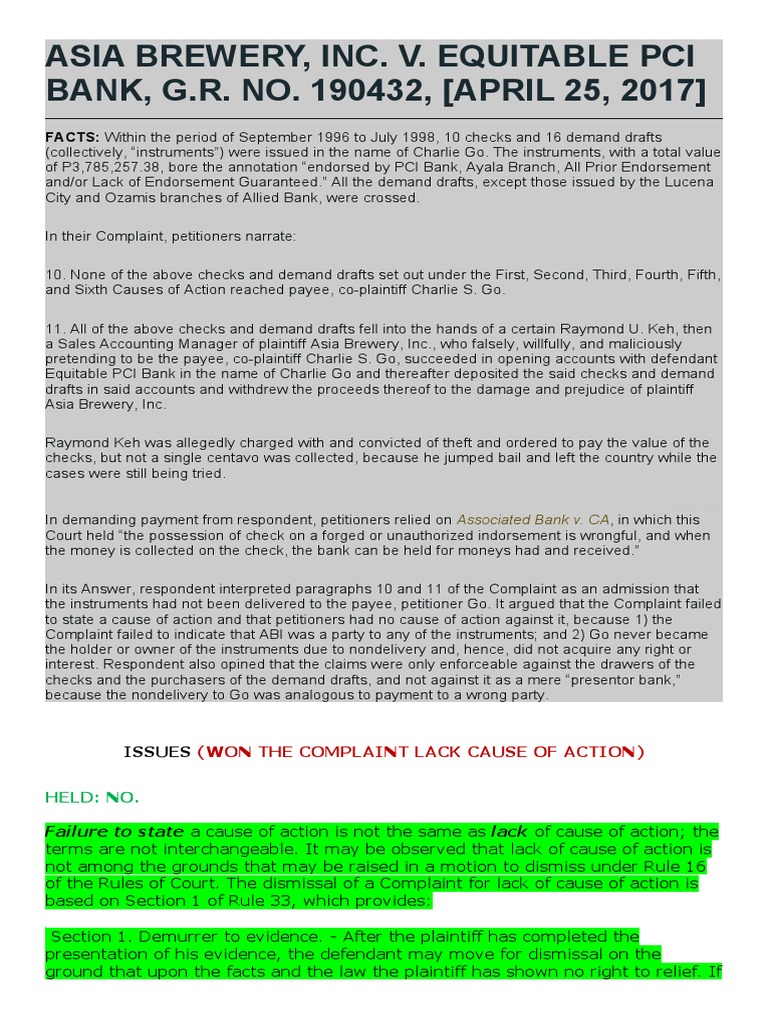 Asia Brewery V Equitable Pci Bank Digest | PDF | Complaint | Demurrer