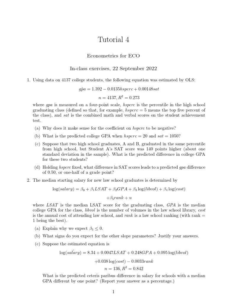 Econometrics For Eco 2022 Tutorial 4 Pdf Sat Regression Analysis