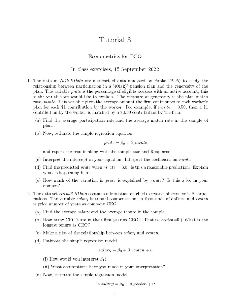 Econometrics For ECO 2022 Tutorial 03 PDF | PDF | Coefficient Of Determination | Regression Analysis