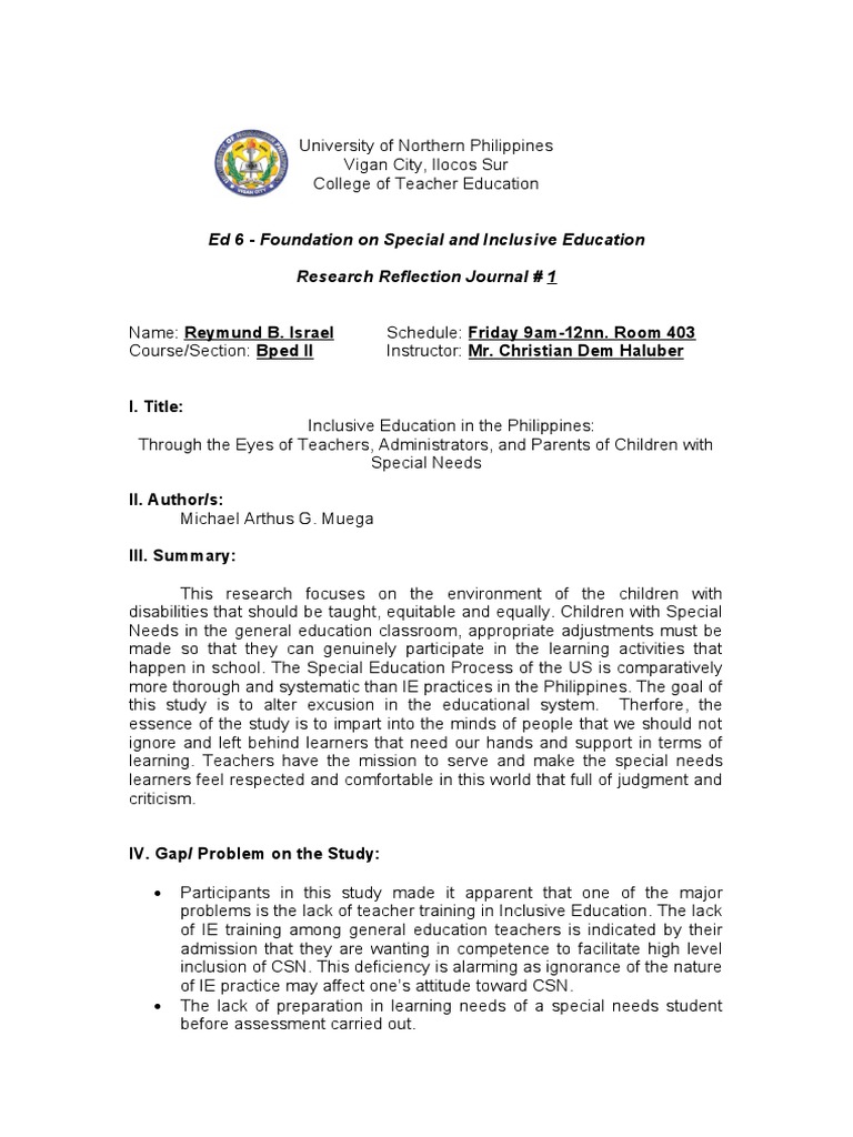 Research Reflection Journal | PDF | Inclusion (Education) | Teachers