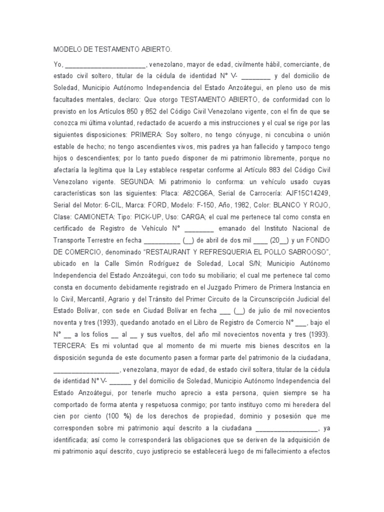 Modelo de Testamento Abierto | Descargar gratis PDF | Voluntad y ...