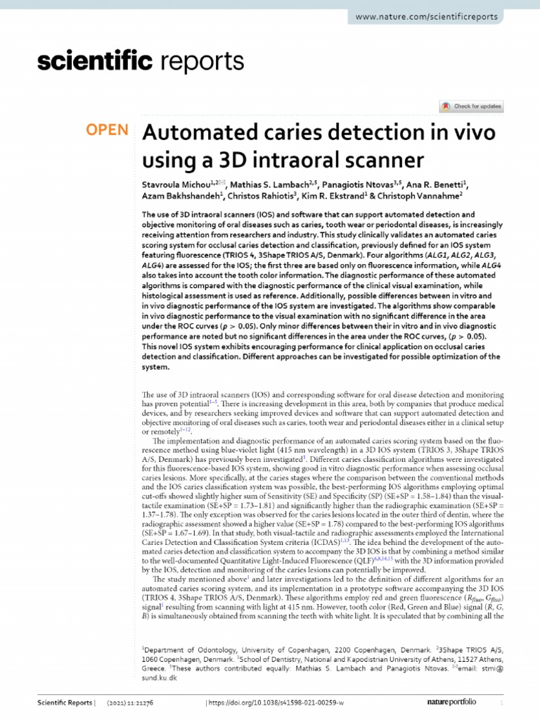 Automated Caries Detection in Vivo Using A 3D Intraoral Scanner | PDF