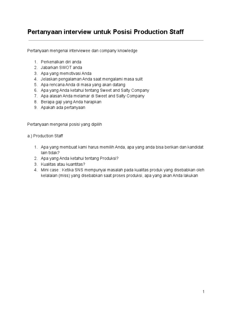 Pertanyaan Interview - Production Staff | PDF