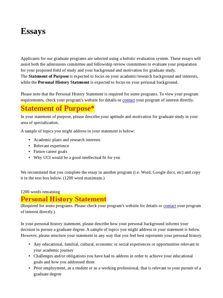 Uc Irvine Personal History Statement | PDF | Essays | Experience