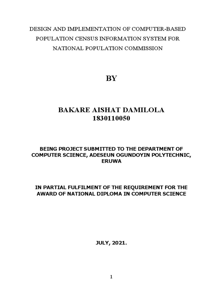 Bakare Aishat Damilola Project Computer Science Design and Implementation of Computer | PDF ...