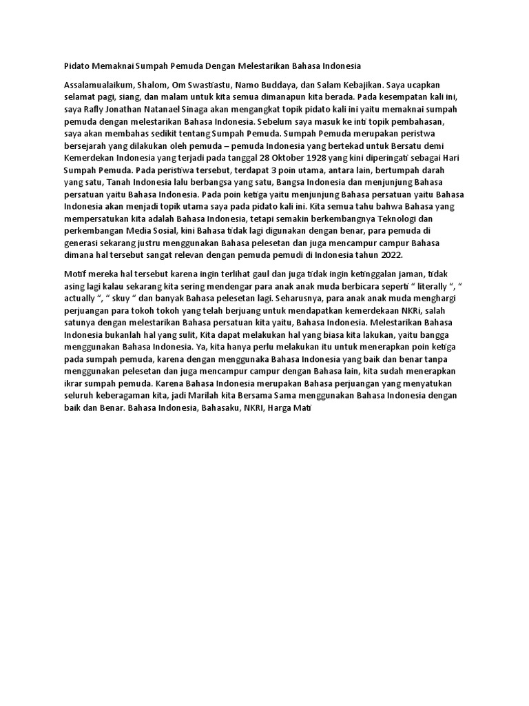 Pidato Memaknai Sumpah Pemuda Dengan Melestarikan Bahasa Indonesia | PDF