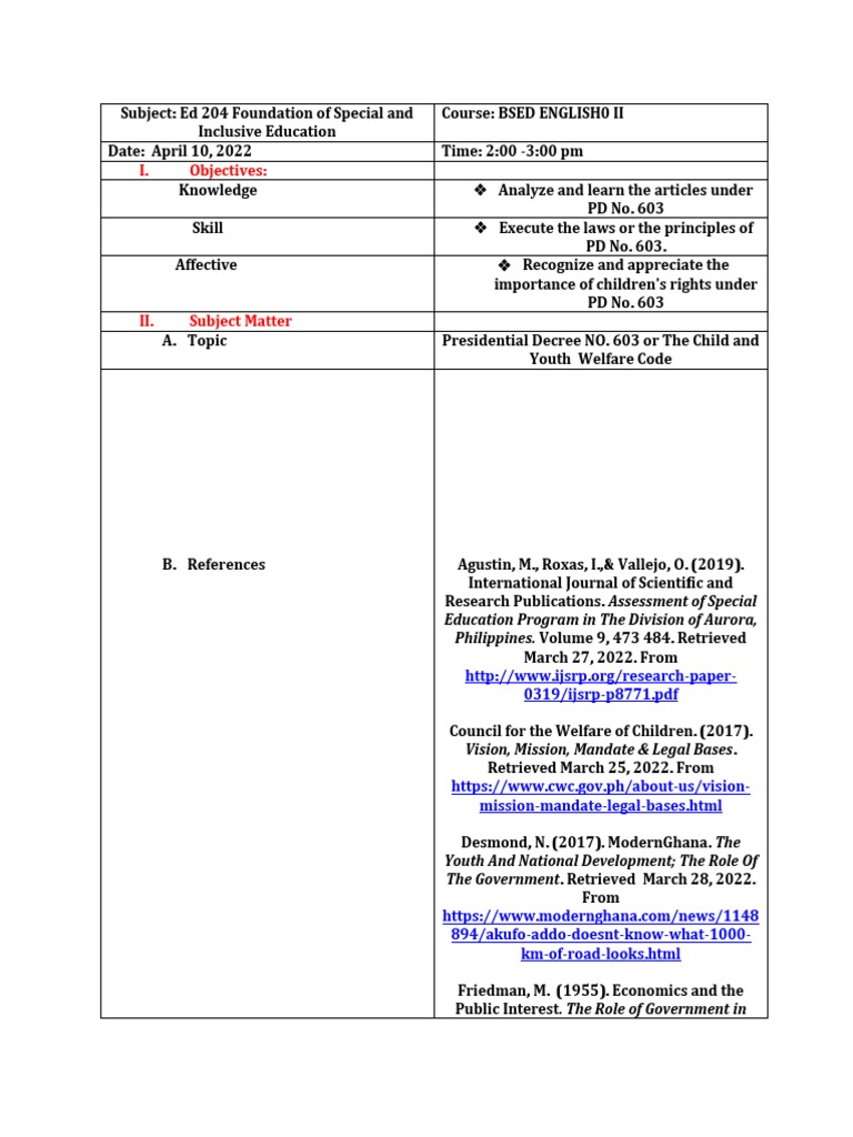 Understanding PD No. 603: Youth Welfare | PDF | Inclusion (Education ...