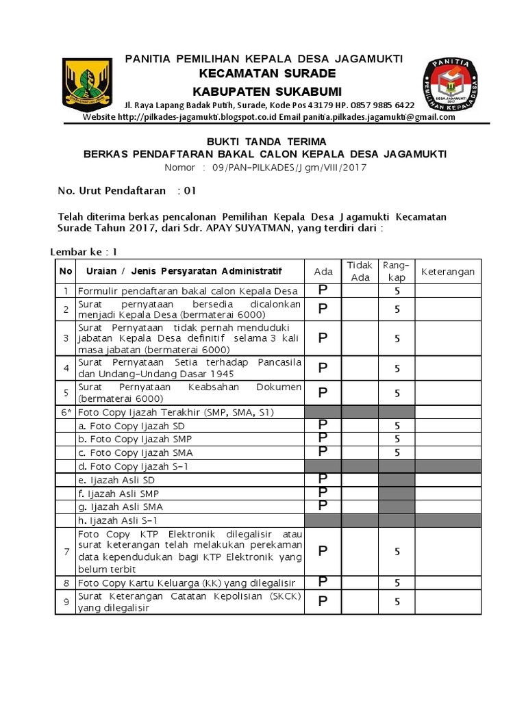 Tanda Terima Penerimaan Berkas Pendaftaran Balon Kades SJL | PDF