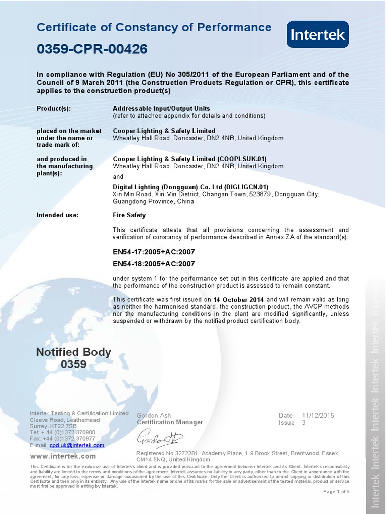 0359-CPR-00426 Cooper IO Units - Addressable, Issue 3 - Signed | PDF