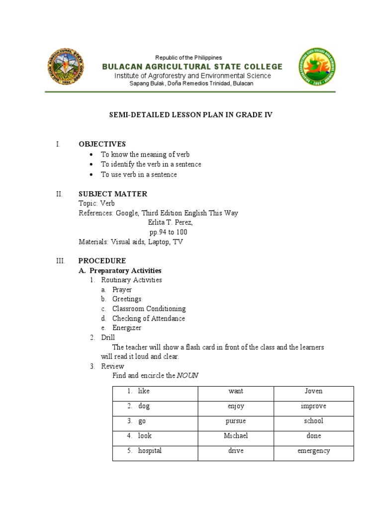 A Semi-Detailed Lesson Plan on Identifying Verbs in Sentences for ...