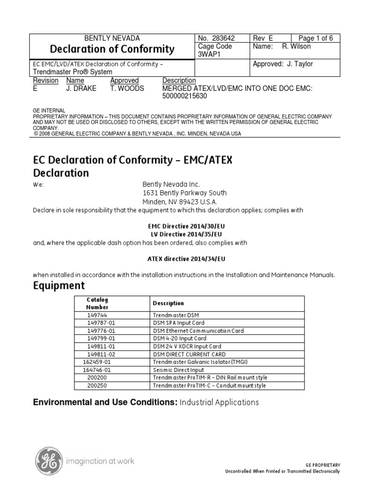 Declaration of Conformity: Bently Nevada Inc. 1631 Bently Parkway South ...