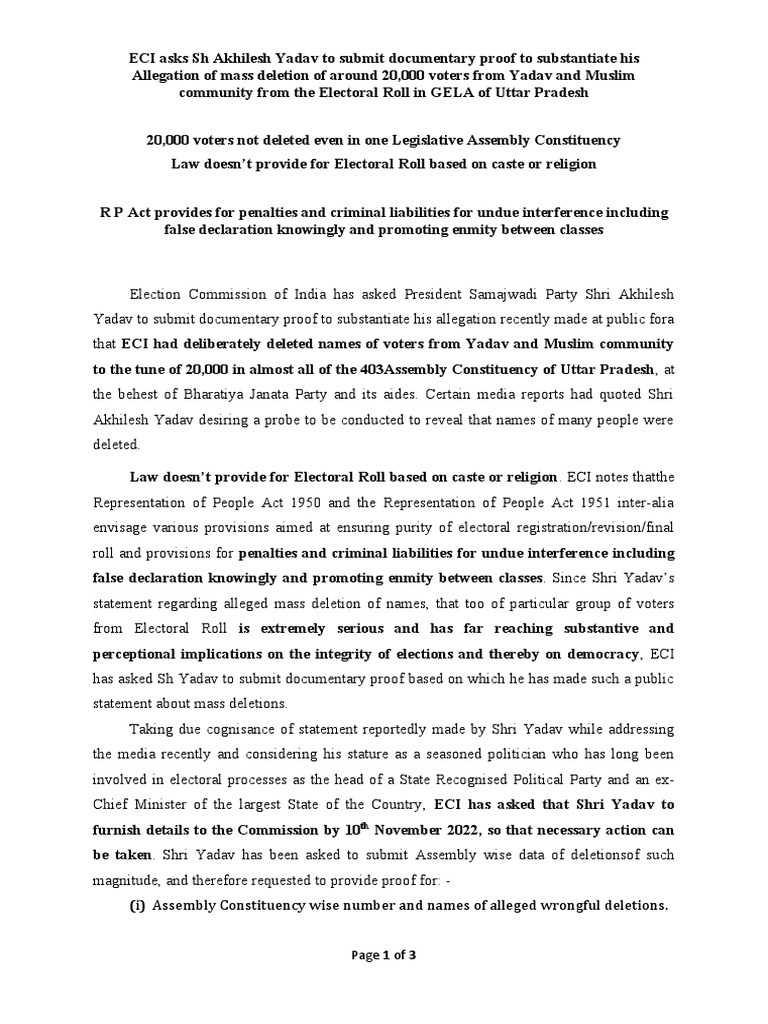 Election Commission Notice To Akhilesh Yadav | PDF | Elections ...