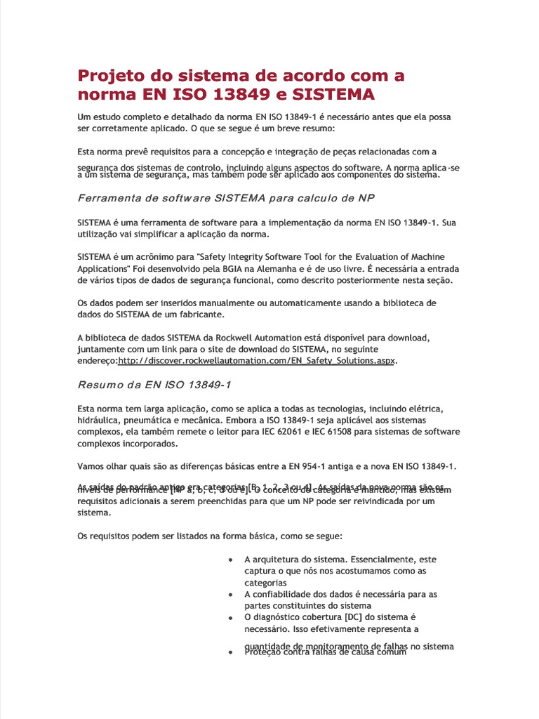 Projeto Do Sistema de Acordo Com Anorma EN ISO 13849 e SISTEMAnorma EN ...