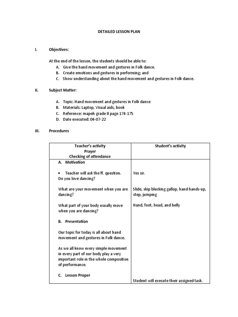 Detailed Lesson Plan - Hand Movements and Gestures in Folk Dance | PDF ...
