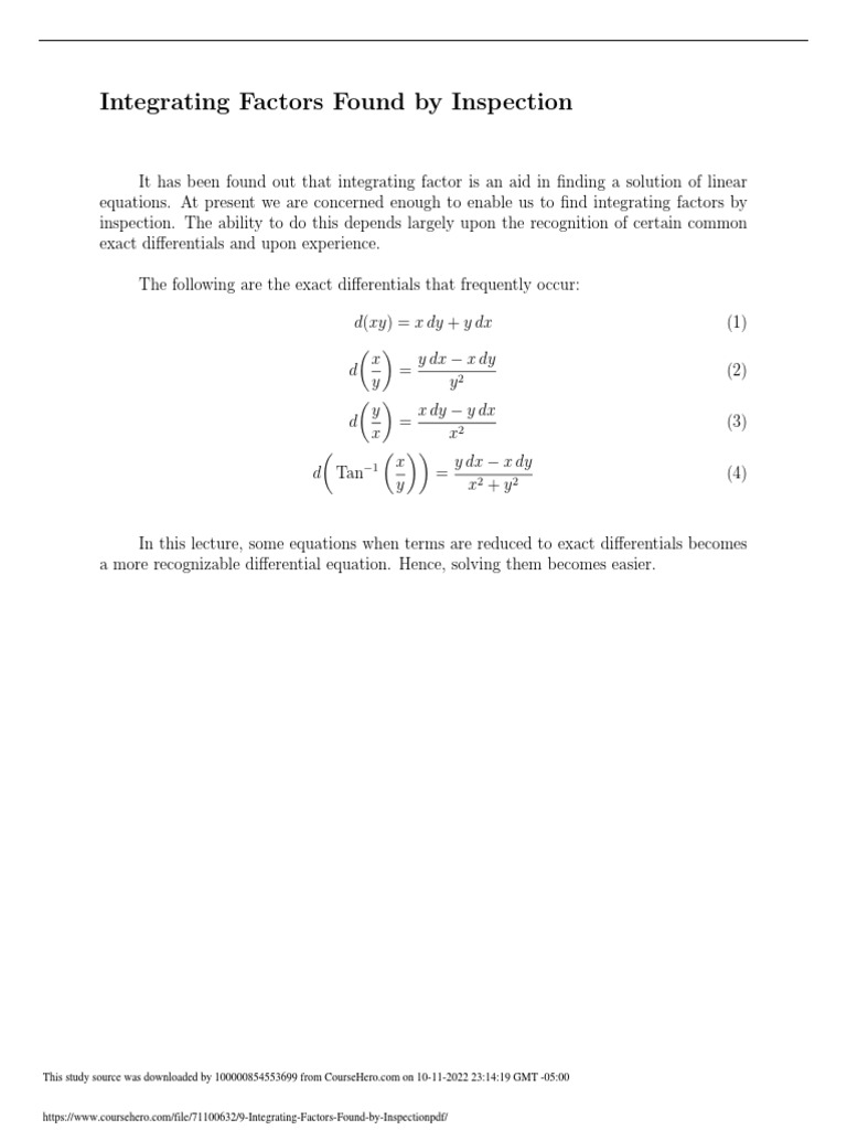 9 Integrating Factors Found by Inspection PDF | PDF | Differential Equations | Equations