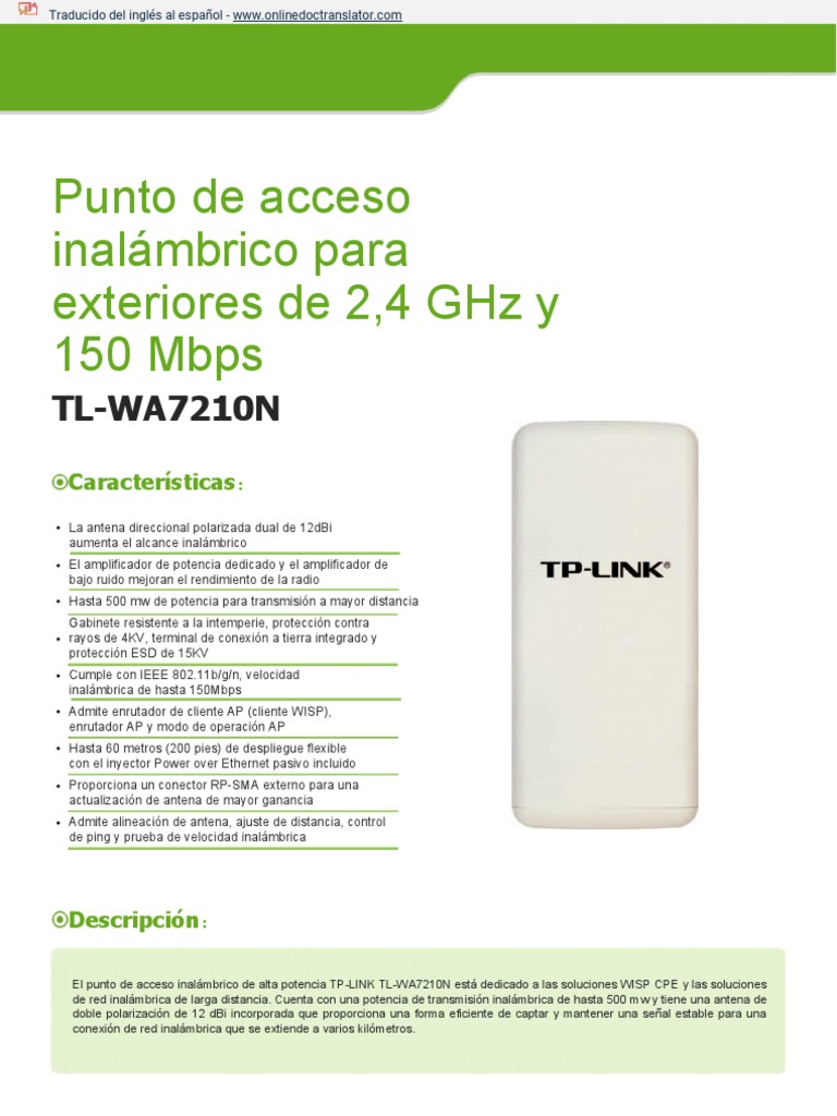 TL-WA7210N V2 Datasheet - En.es | PDF | Ieee 802.11 | Punto de acceso ...