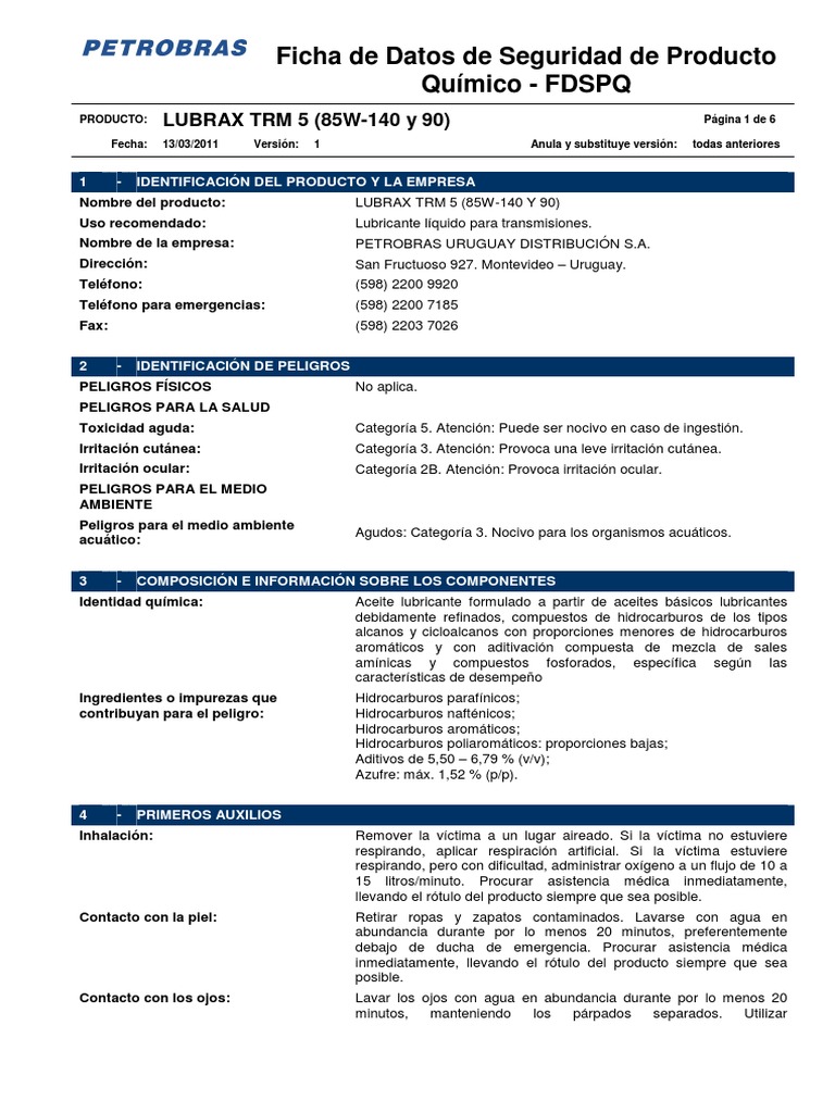 Ficha de Datos de Seguridad de Producto Químico - FDSPQ para Lubrax TRM ...