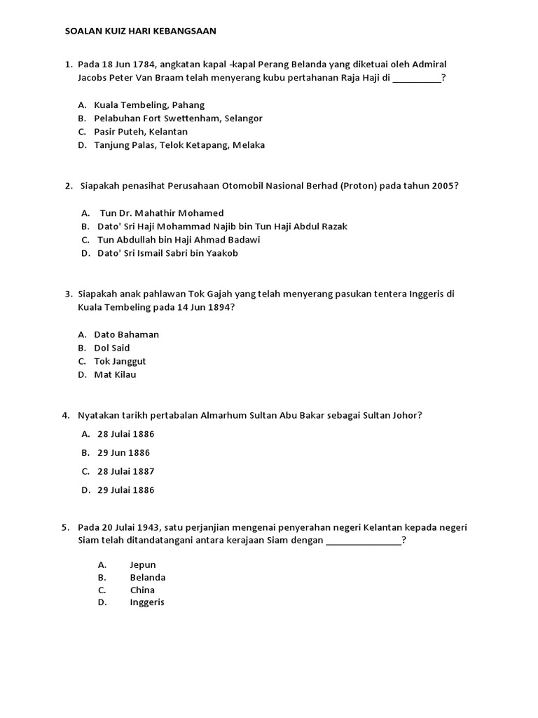Soalan Kuiz Hari Kebangsaan | PDF